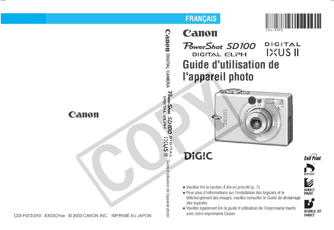 Notice CANON IXUS II - appareil photo Trouver une solution à un problème CANON IXUS II mode d ...